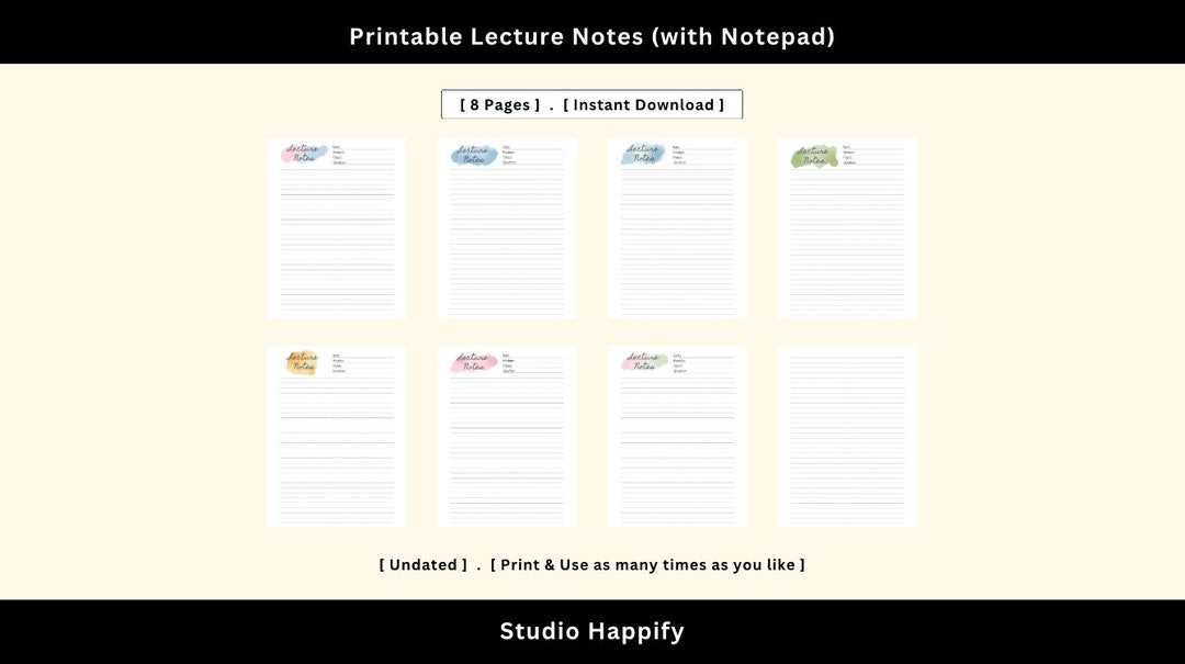 Water Color Lecture Notes, Printable Lecture Notes & Notepad, Undated ...