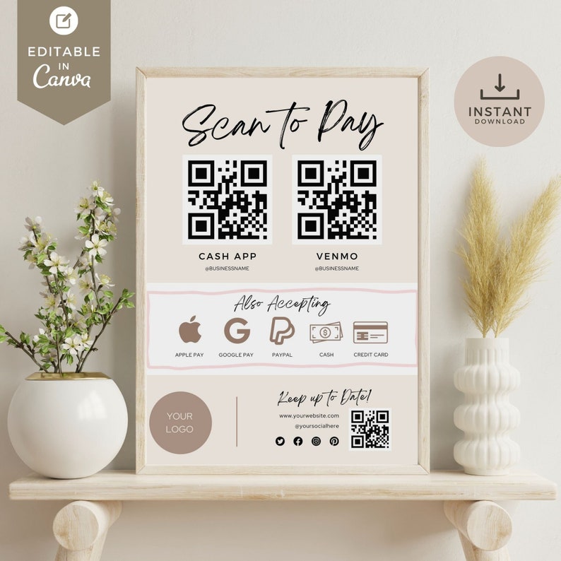 Editable QR Code Sign Scan to Pay Template Printable INSTANT - Etsy