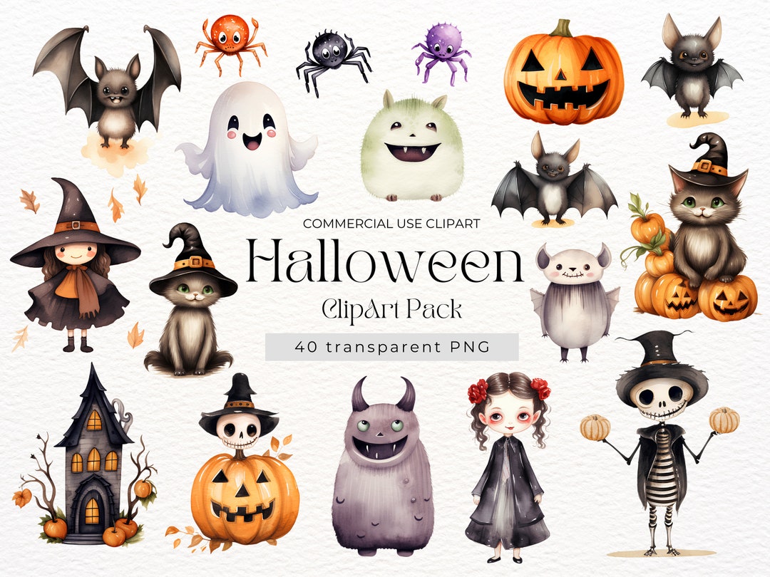 Halloween Clipart Watercolor PNG Bundle 40 PNG Transparent Background ...