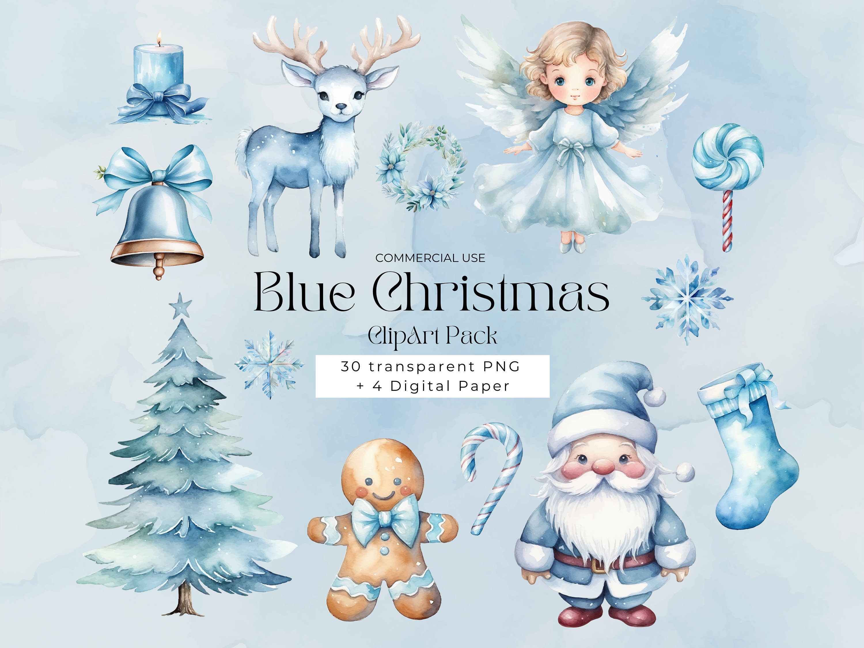 Blue Christmas Watercolor Clipart 34 PNG: 30 Transparent - Etsy