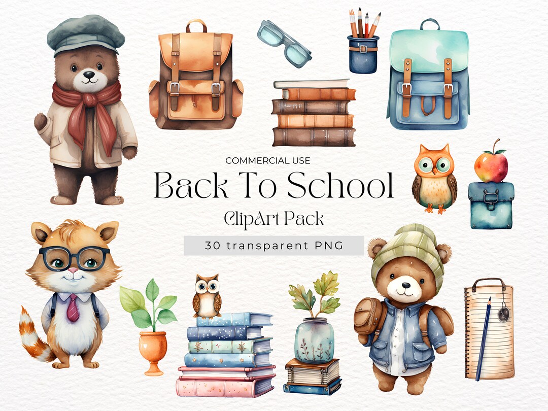 School Clipart Watercolor Bundle PNG, Ideal for Planners, Stationery ...