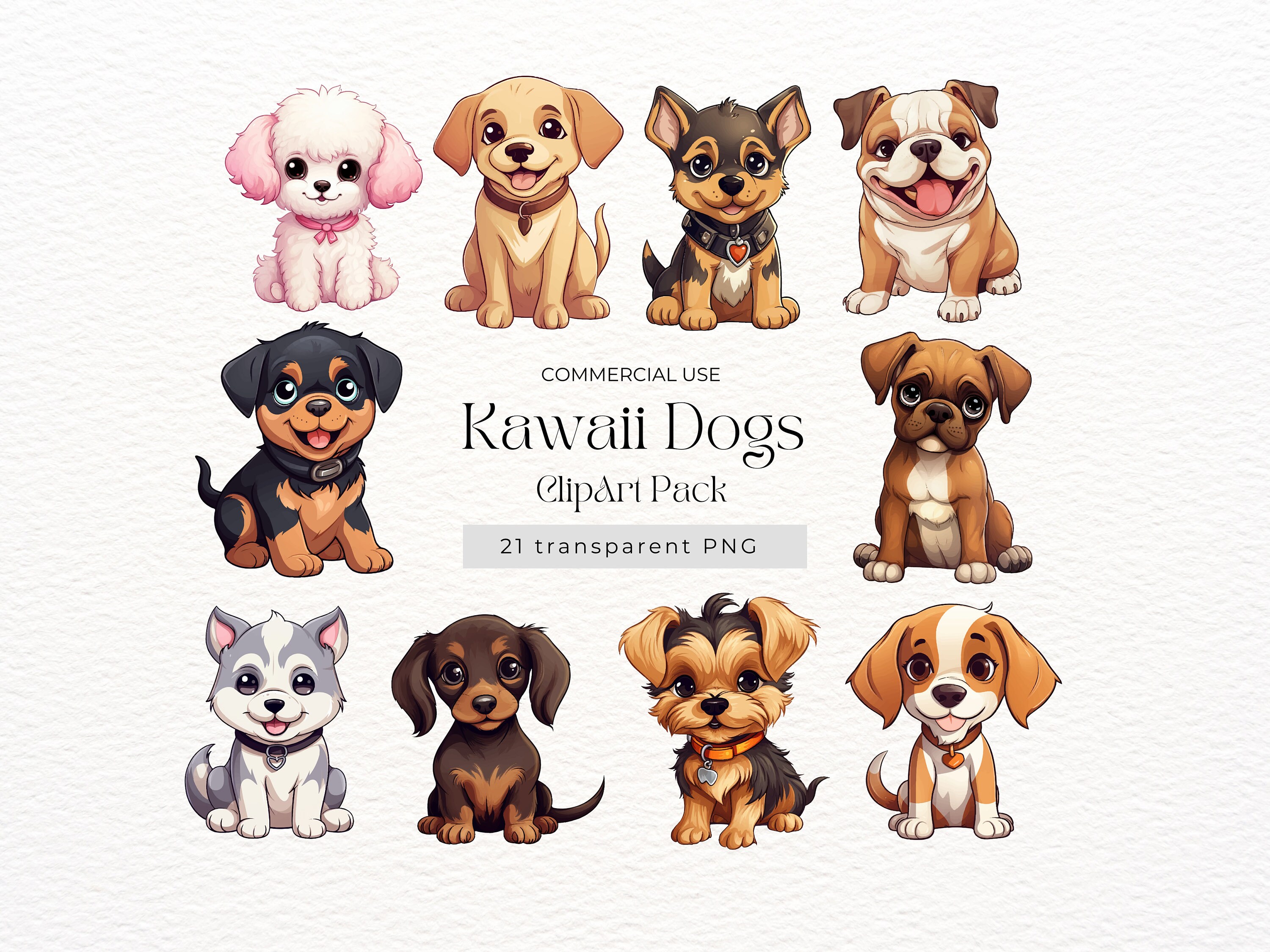 Kawaii Dog Clipart Bundle Pngs With Transparent Background, Commercial ...