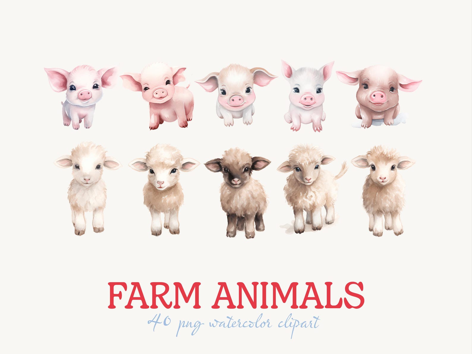 Watercolor Farm Animals Clipart – 40 Pngs, Transparent Backgrounds ...