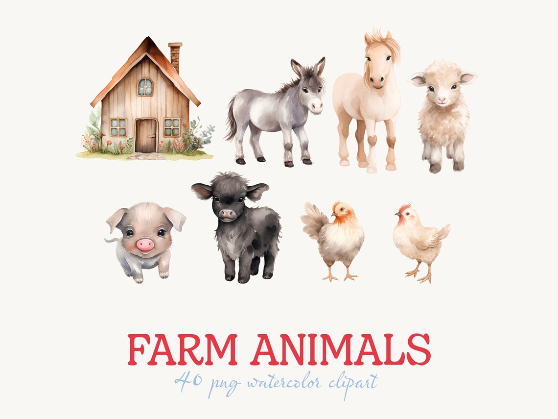 Watercolor Farm Animals Clipart – 40 Pngs, Transparent Backgrounds ...