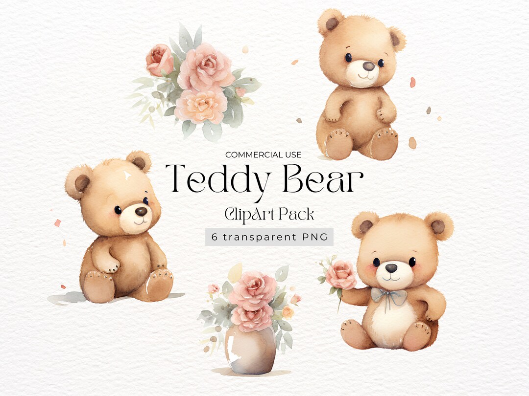 Baby Bear Watercolor Clipart - Nursery Decor Teddy Bear Flower ...