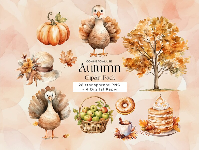 Watercolor Fall Decor Clipart 28 Pngs Transparent Background and 4 ...