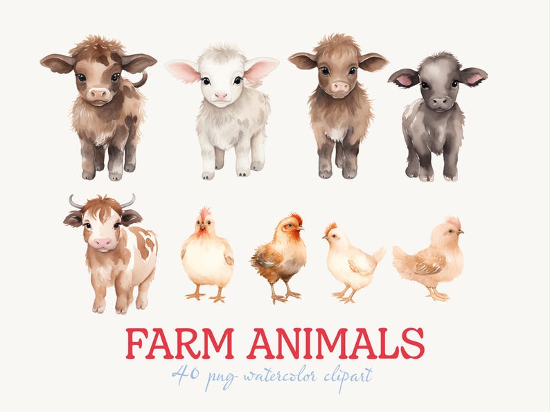 Watercolor Farm Animals Clipart – 40 Pngs, Transparent Backgrounds ...