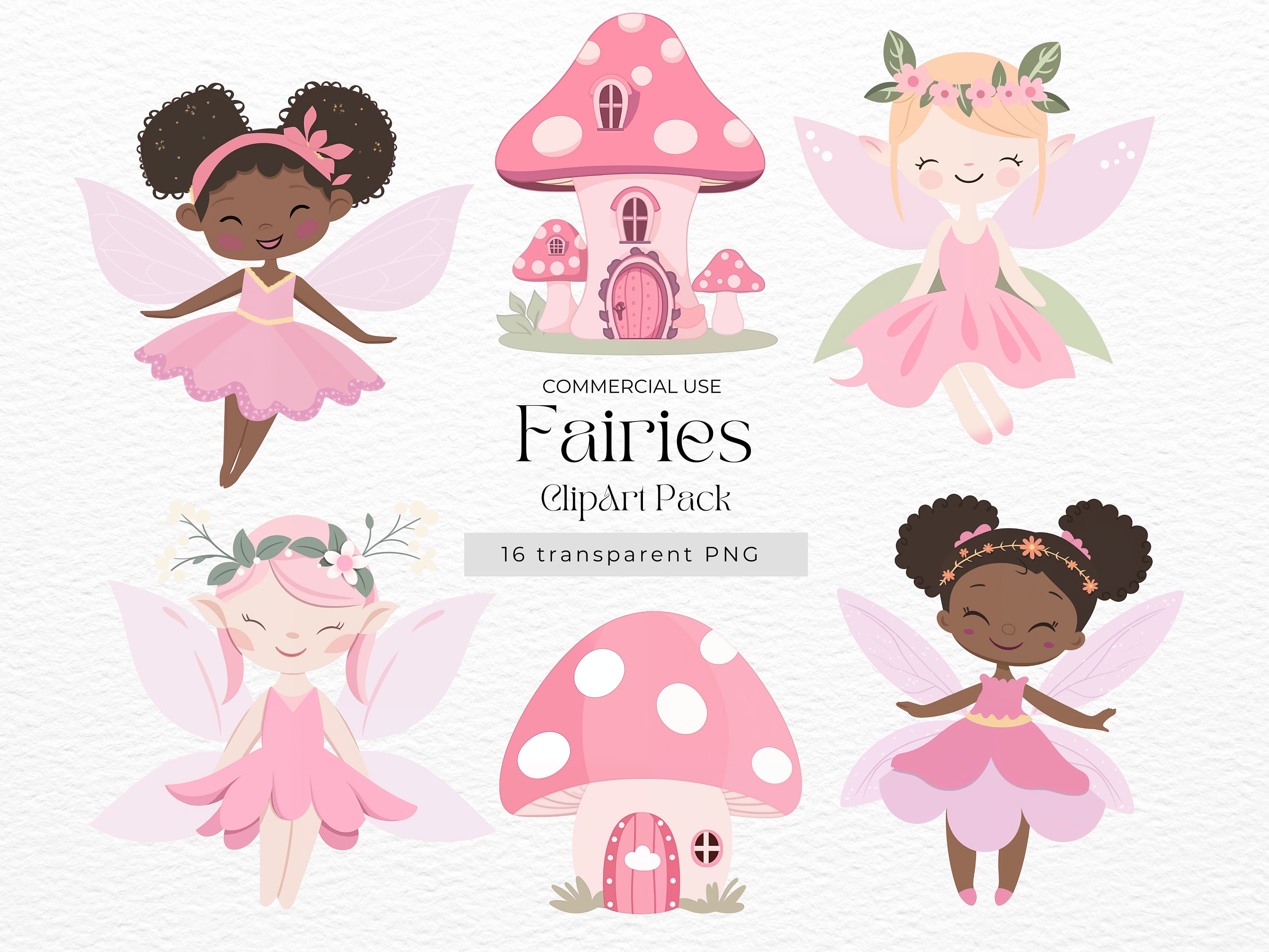 Pink Fairies Clipart - Fairy Garden Clipart, Pink Mushroom House, Fairy ...
