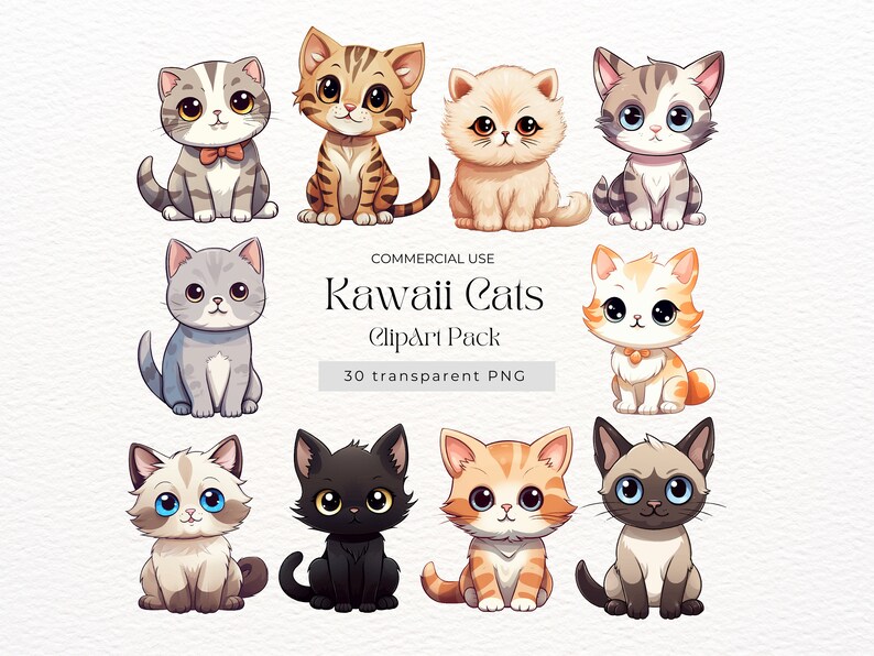 Kawaii Cats Clipart Bundle - Pngs With Transparent Background ...