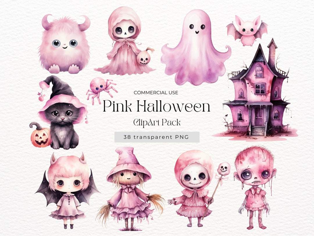Cute Pink Halloween Clipart Bundle 38 Watercolor Pngs With Transparent ...