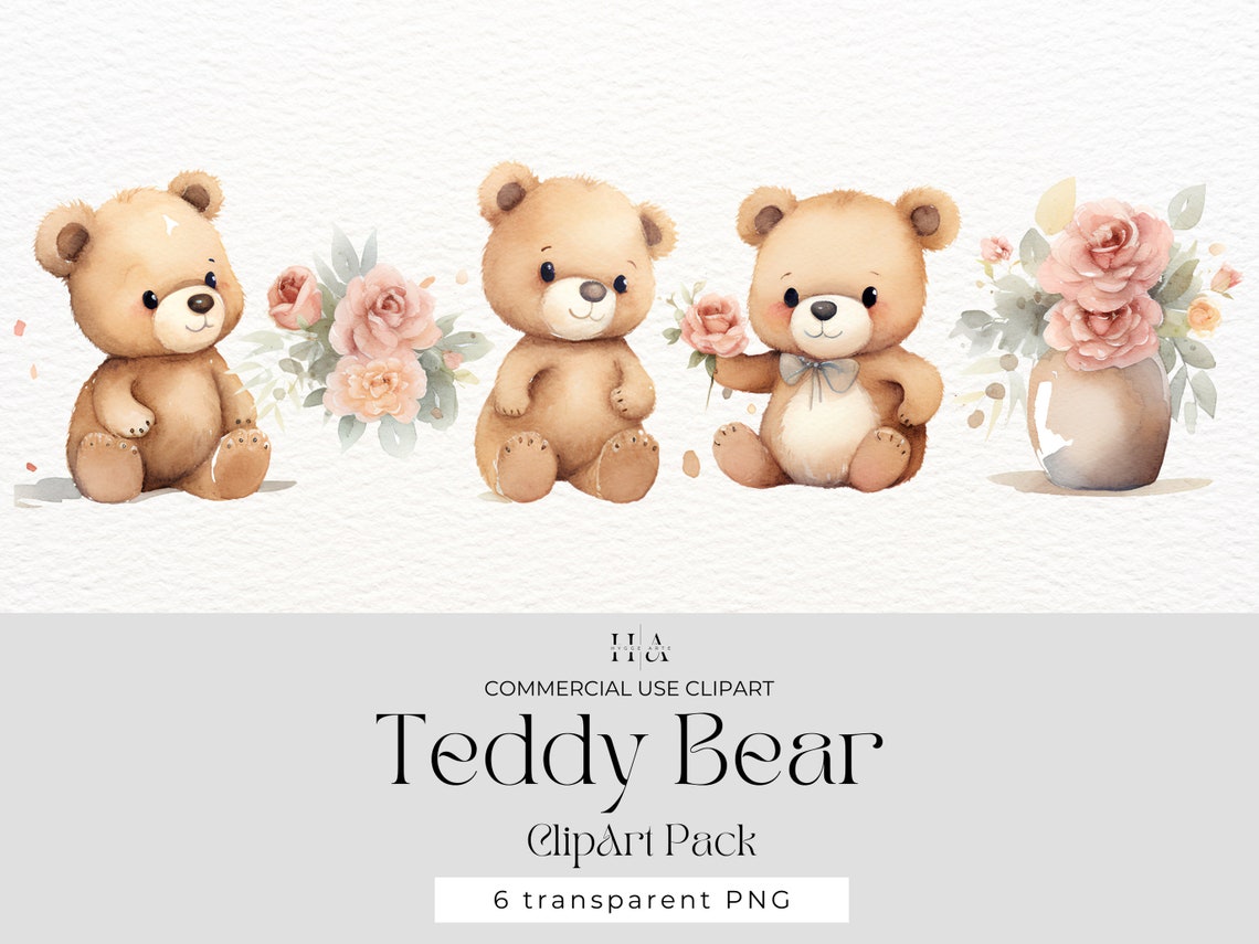 Baby Bear Watercolor Clipart - Nursery Decor Teddy Bear Flower ...