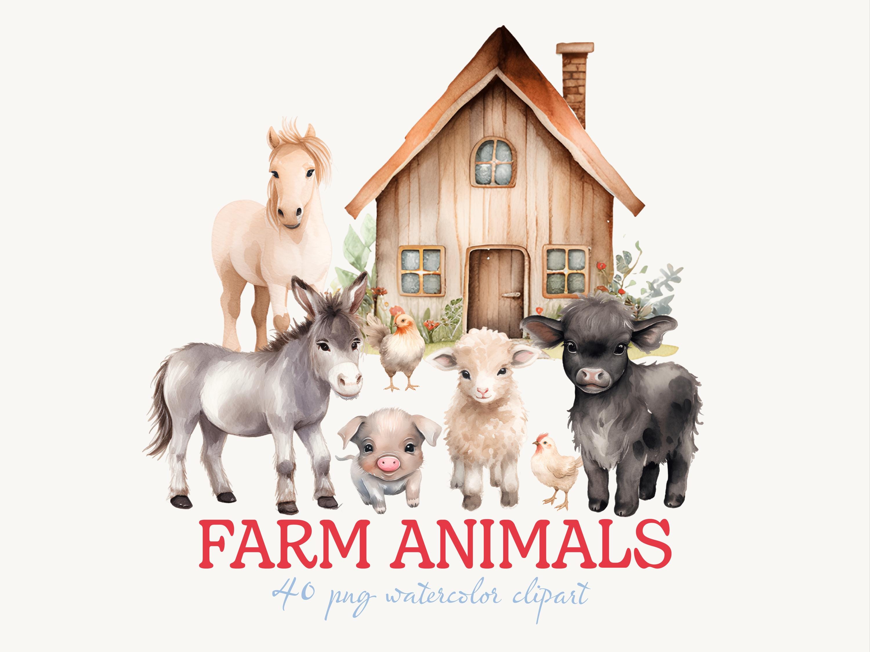 Watercolor Farm Animals Clipart – 40 Pngs, Transparent Backgrounds ...