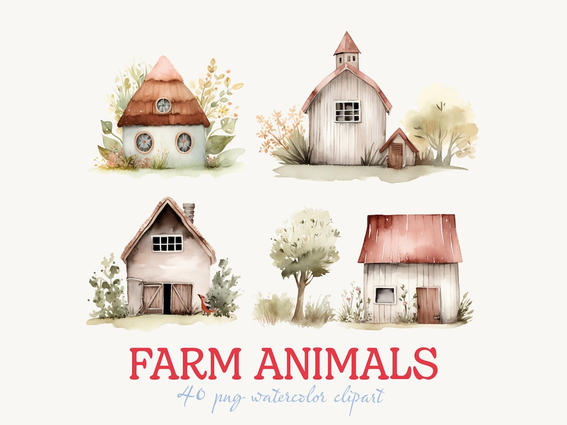 Watercolor Farm Animals Clipart – 40 Pngs, Transparent Backgrounds ...