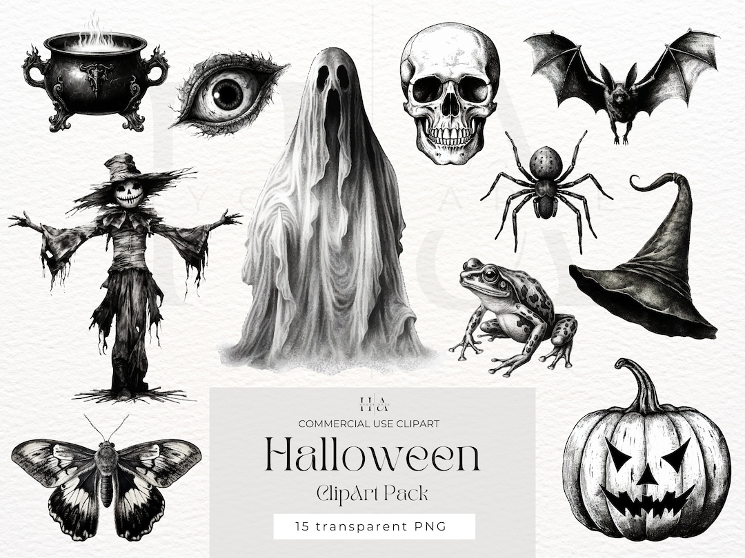 Retro Halloween Clipart Bundle Black and White 15 Pngs With - Etsy