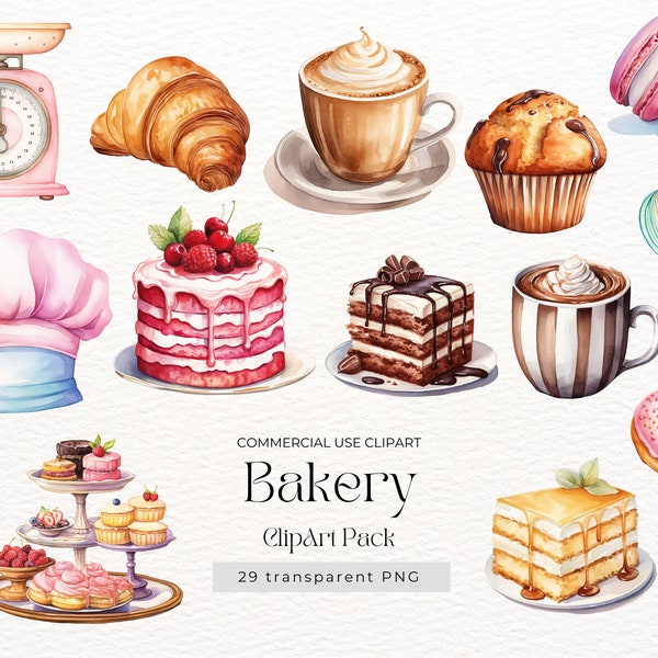 Watercolor Bakery Clipart - Etsy