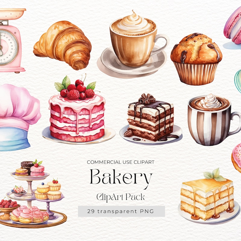Watercolor Bakery Clipart - Etsy