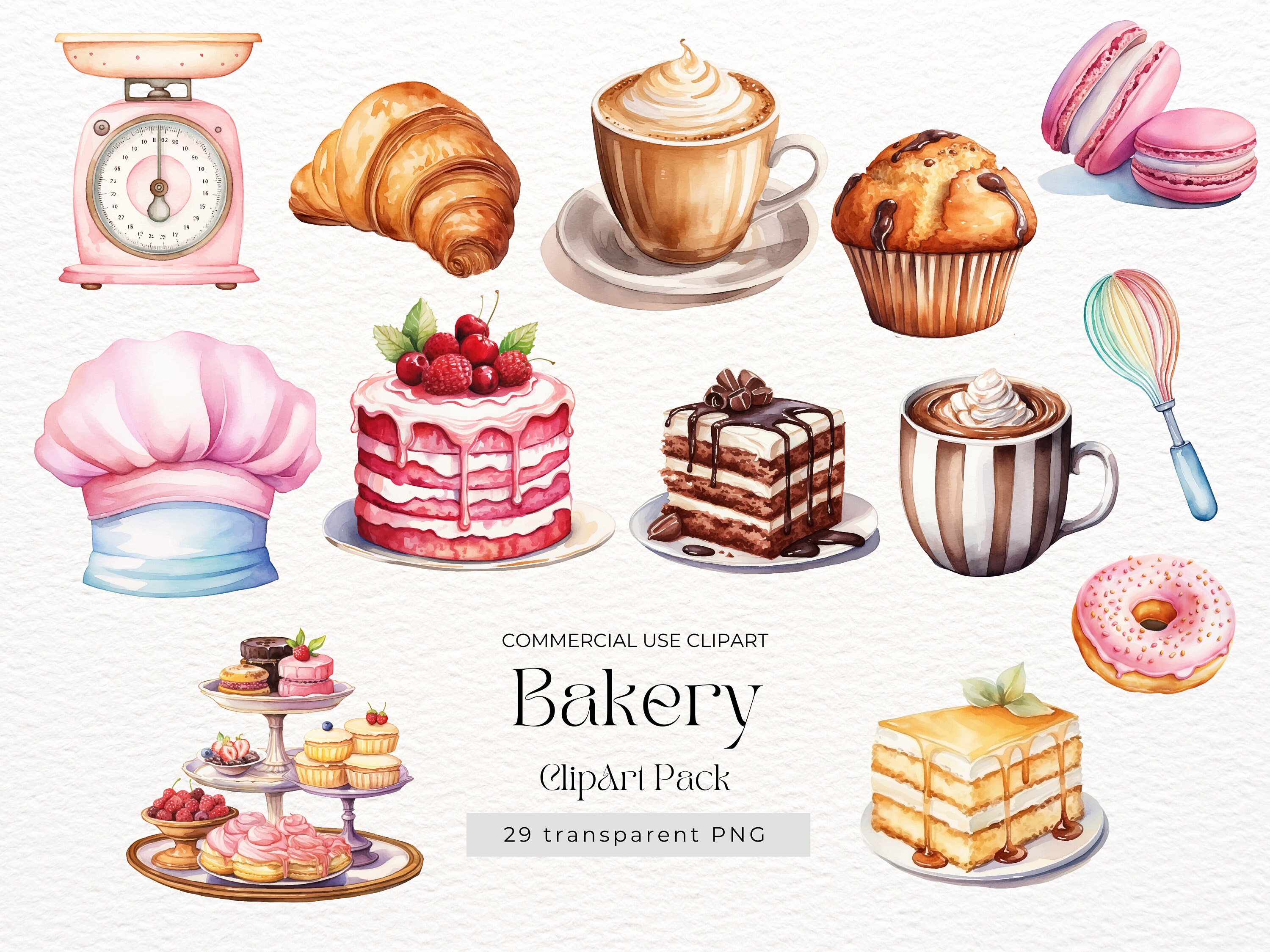 Watercolor Bakery Clipart Bundle 29 Pngs With Transparent Background ...