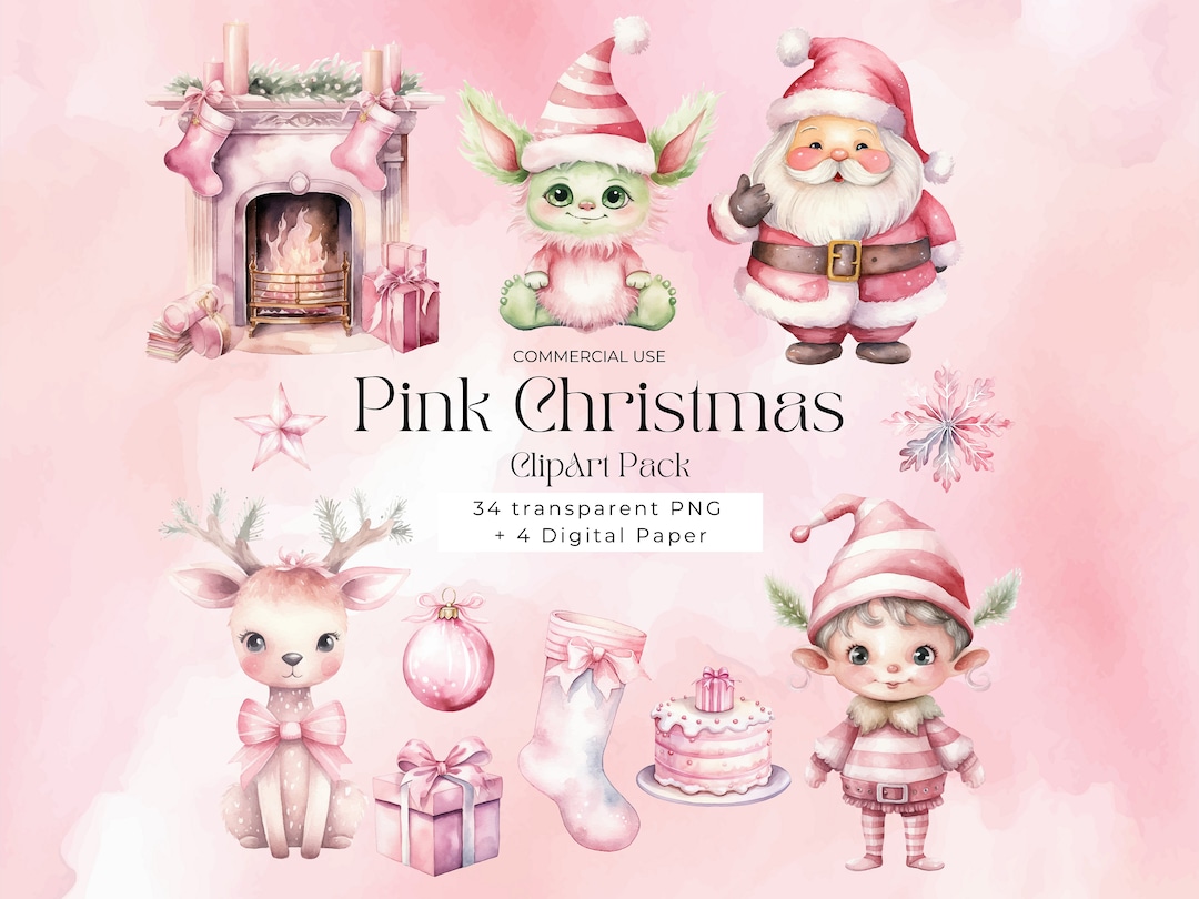 Pink Christmas Pastel Watercolor Clipart 38 Pngs: 34 Transparent ...
