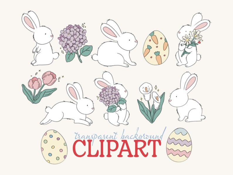 Easter Bunny Clipart PNG, Pastel Eggs and Spring Flowers, Commercial ...