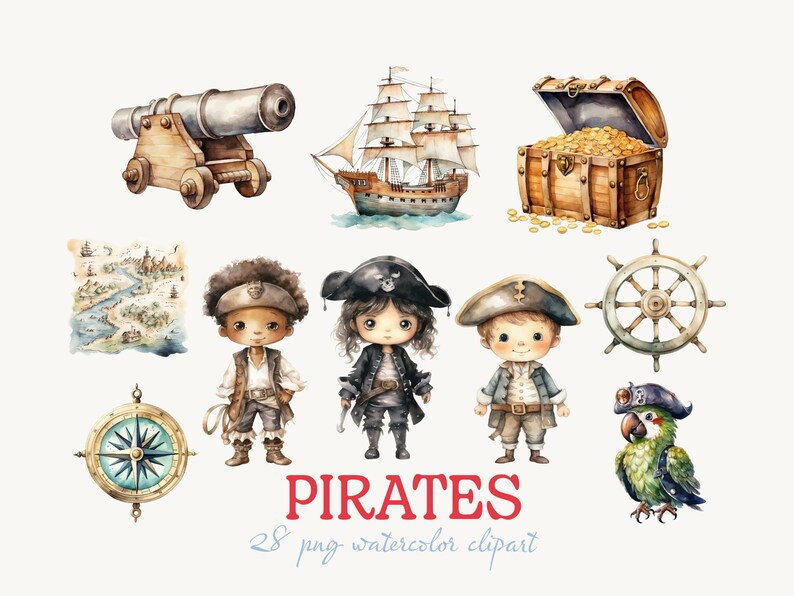 Watercolor Pirate Clipart Bundle – 28 PNG Graphics (digital Download ...