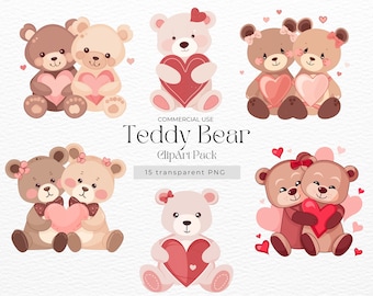 15 Valentine Teddy Bear Clipart, Watercolor Valentines Teddy Bear ...