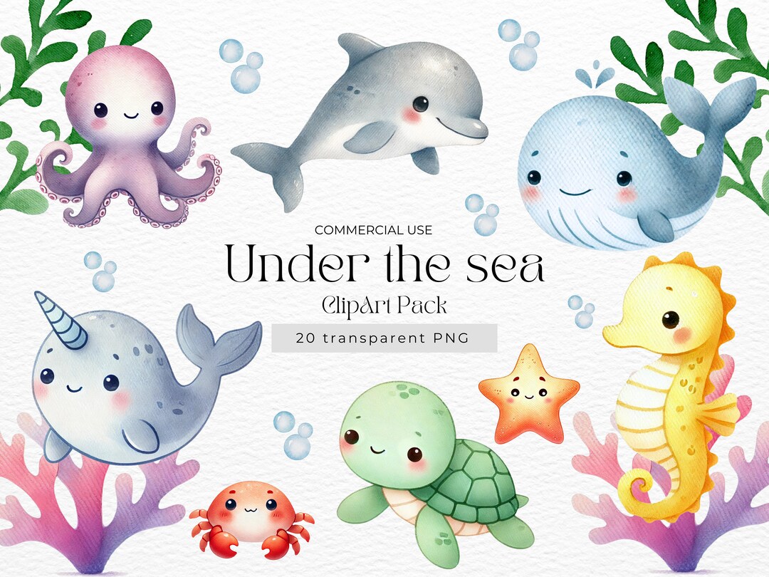 Undersea Watercolor Clipart Cute Ocean Animals PNG, Nursery Decor, Baby ...
