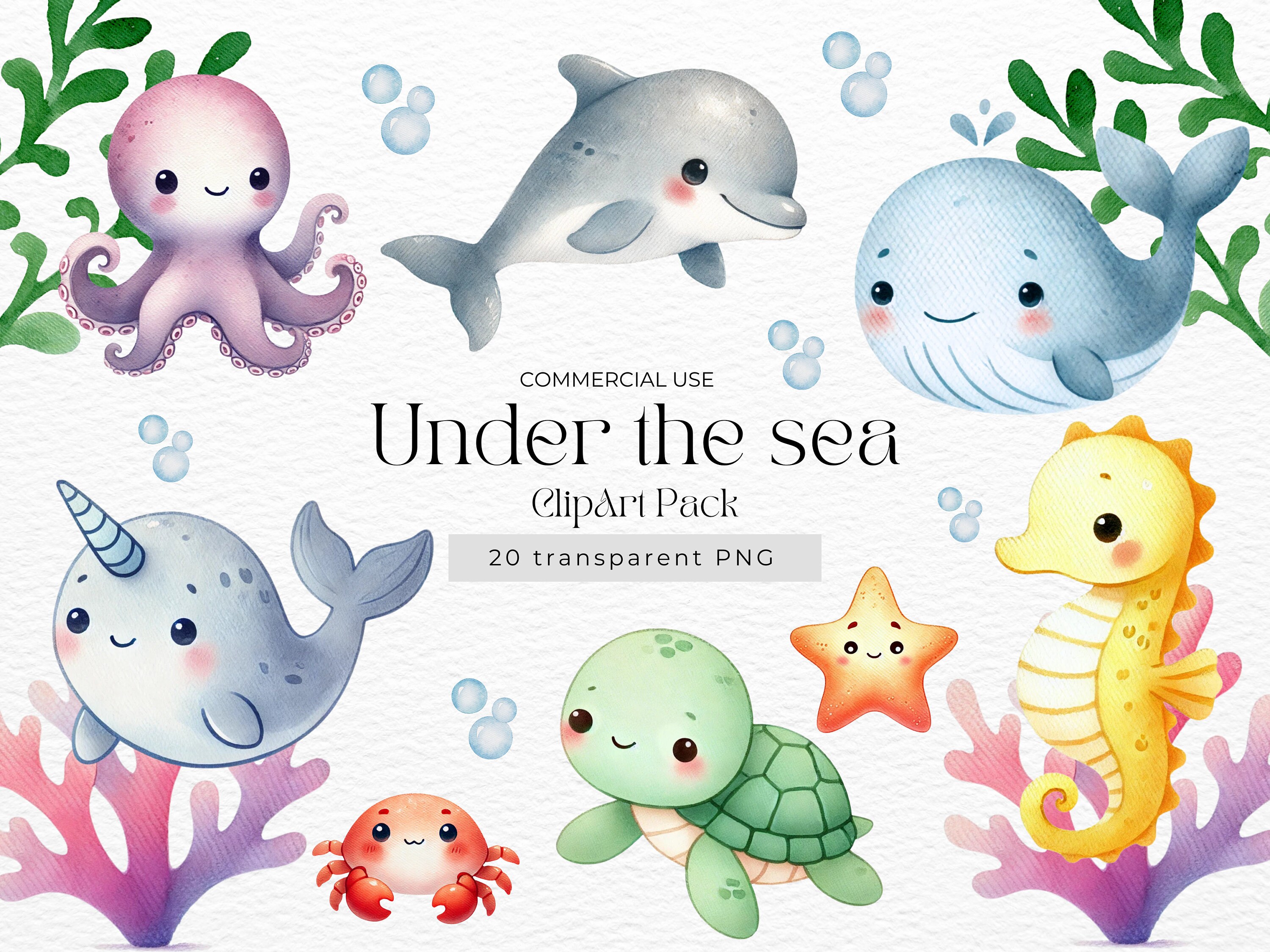 Undersea Watercolor Clipart Cute Ocean Animals PNG, Nursery Decor, Baby ...