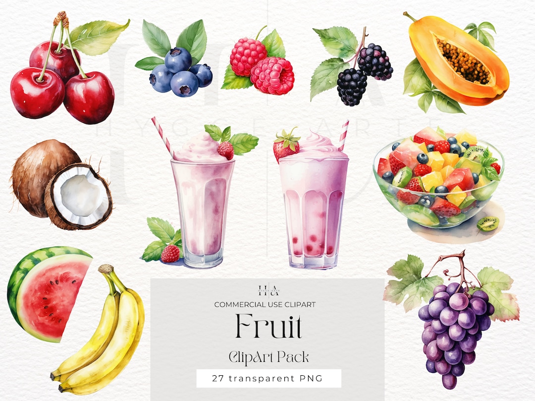 Fruit Watercolor Clipart Bundle 27 Pngs Fruit, Transparent Background ...