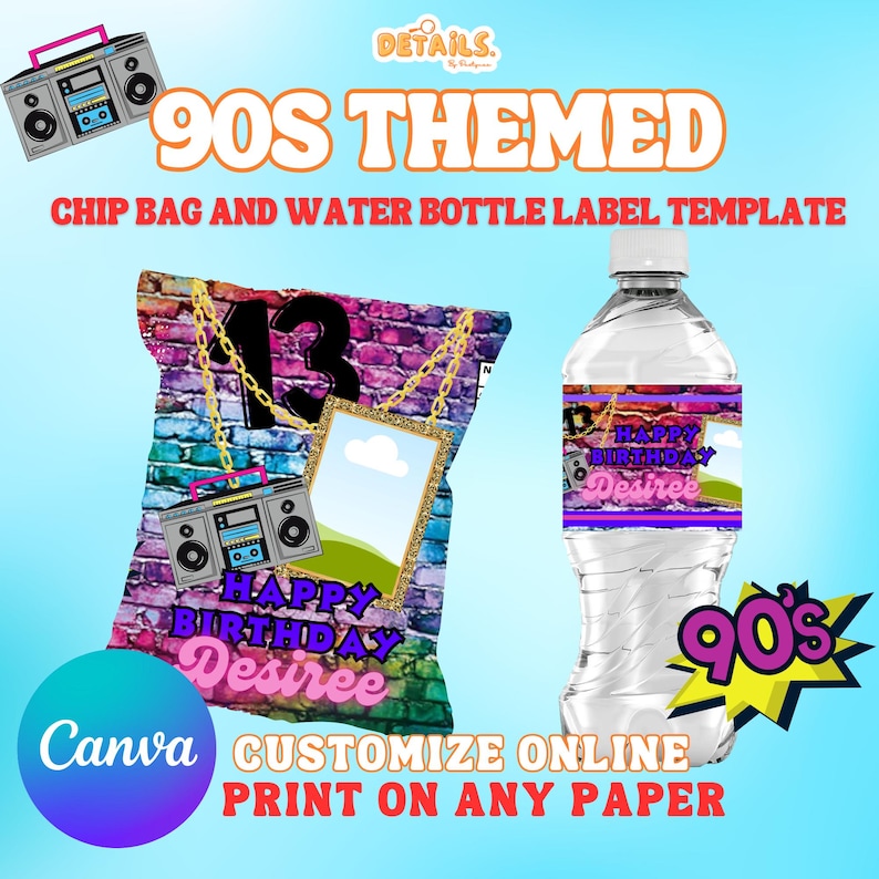 90s Chip Bag Template | Purple & Pink 13th Birthday | Editable Canva ...