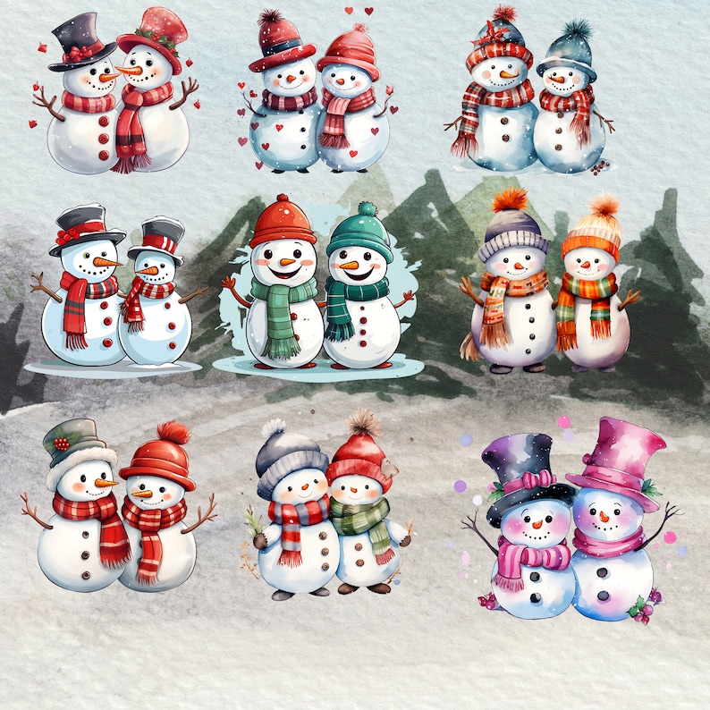 Christmas Snowman Couple Clipart- Watercolor Winter Digital Art ...