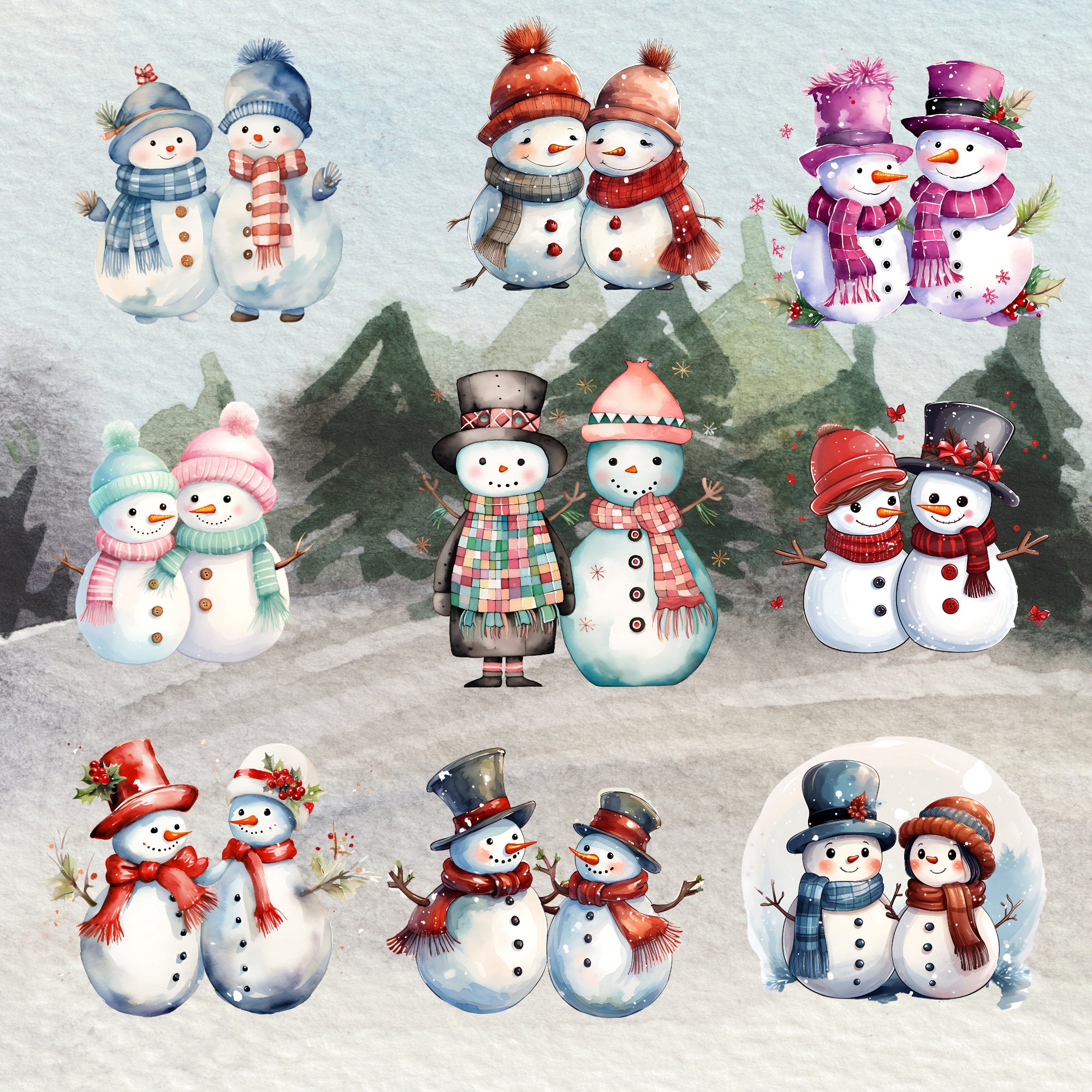 Christmas Snowman Couple Clipart- Watercolor Winter Digital Art ...