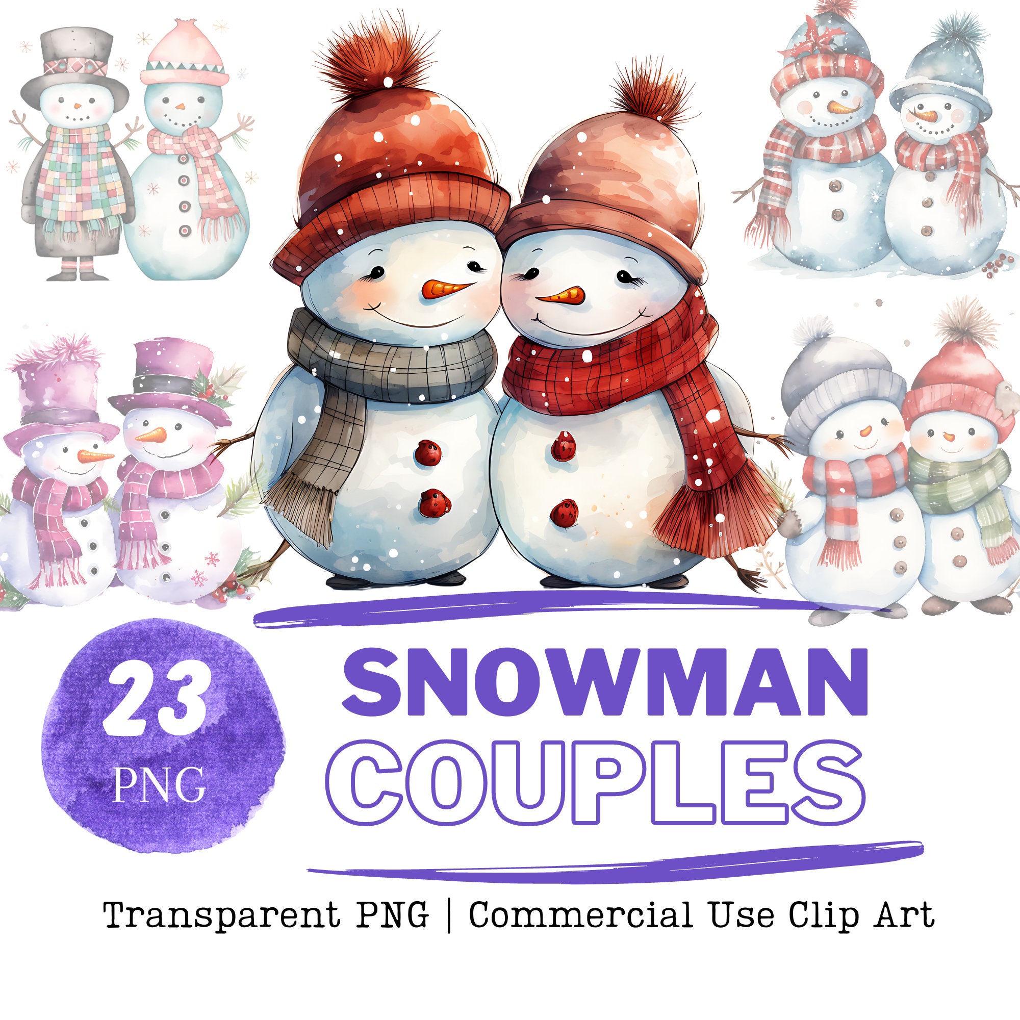 Christmas Snowman Couple Clipart- Watercolor Winter Digital Art ...