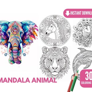 30 Mandala Animal Coloring Pages for Adults, Grayscale Coloring Book ...