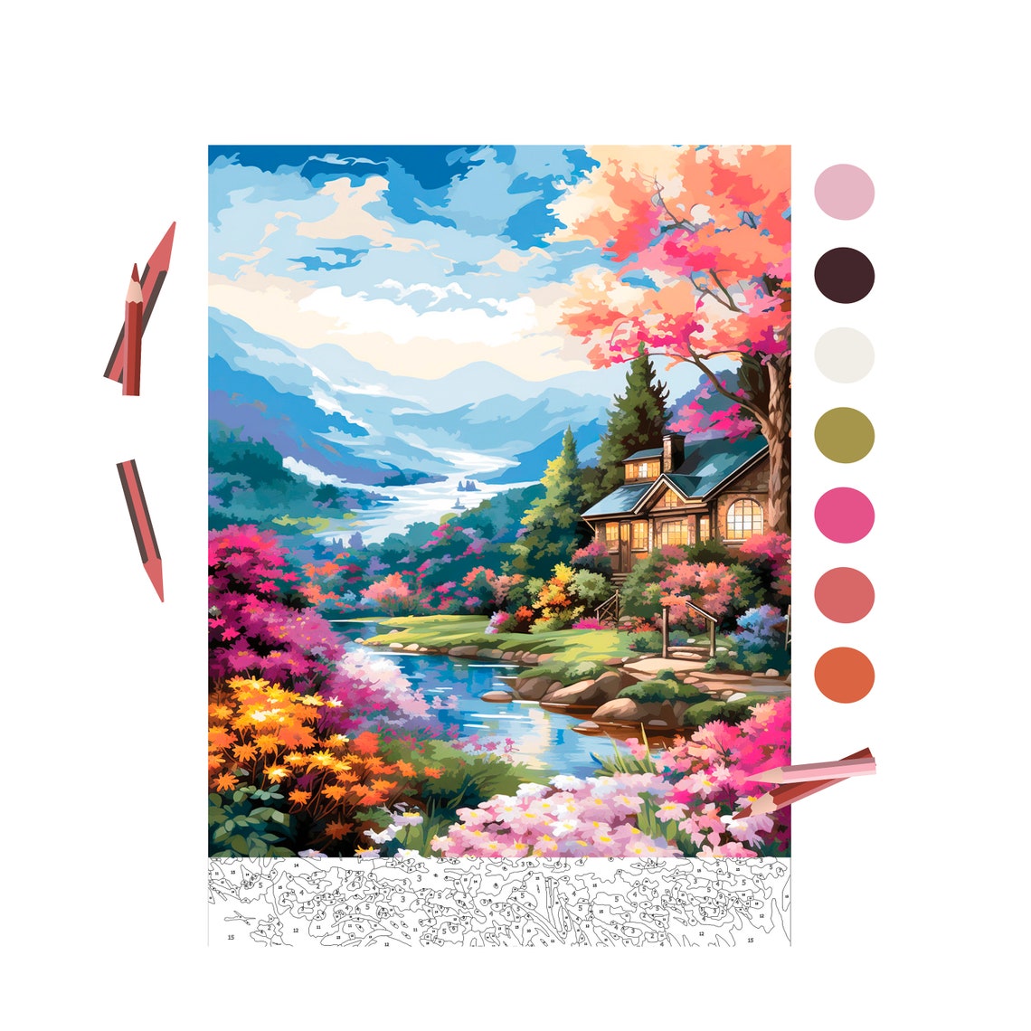 Color by Number for Adult, Paint by Number Printable, Mountain Cottage ...