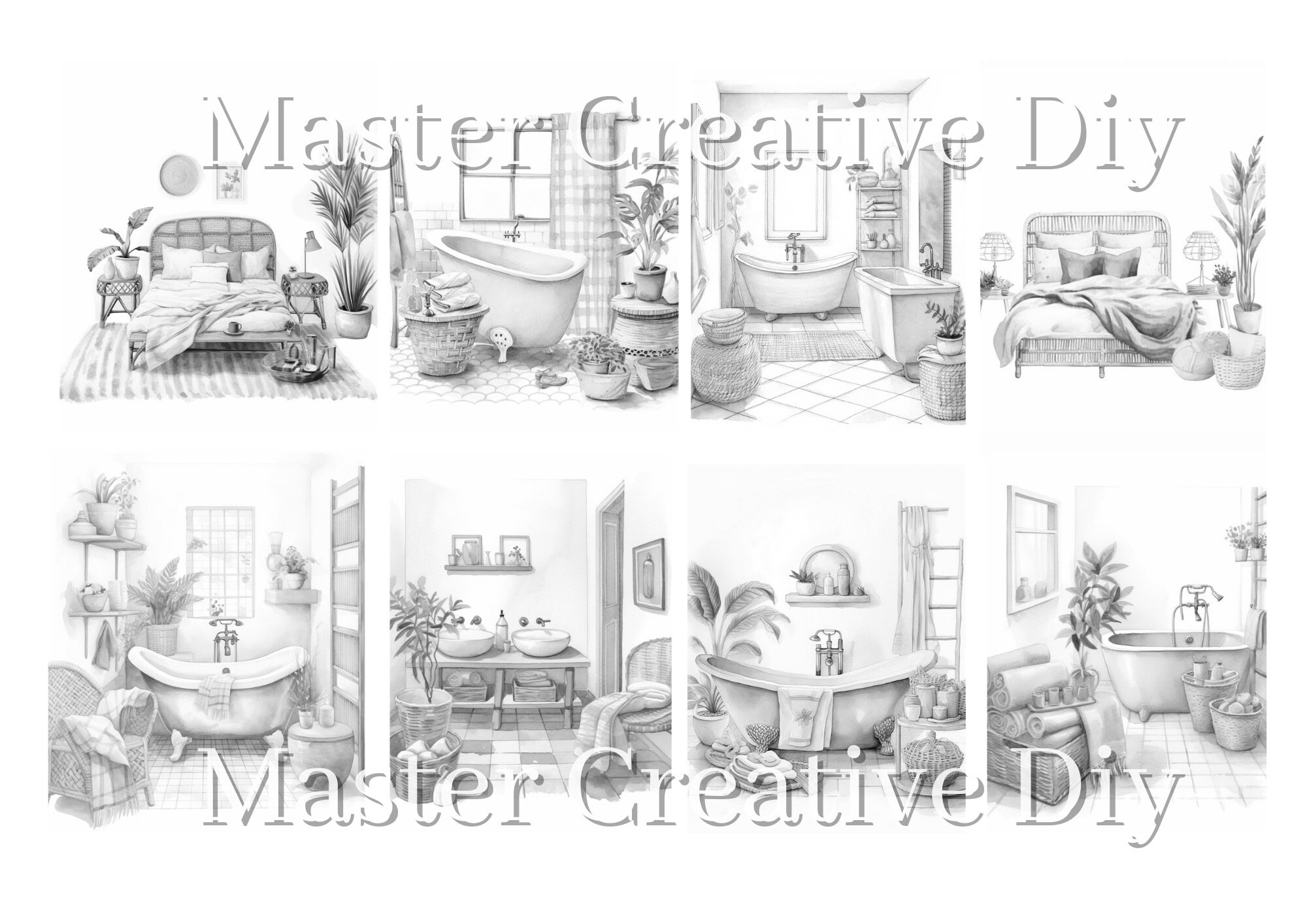 35 Boho Interior Design Coloring Pages for Adultsgrayscale - Etsy