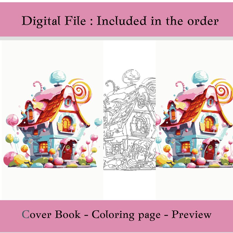 Fairy Candy House Coloring Pages for Adults, Grayscale Coloring Book ...