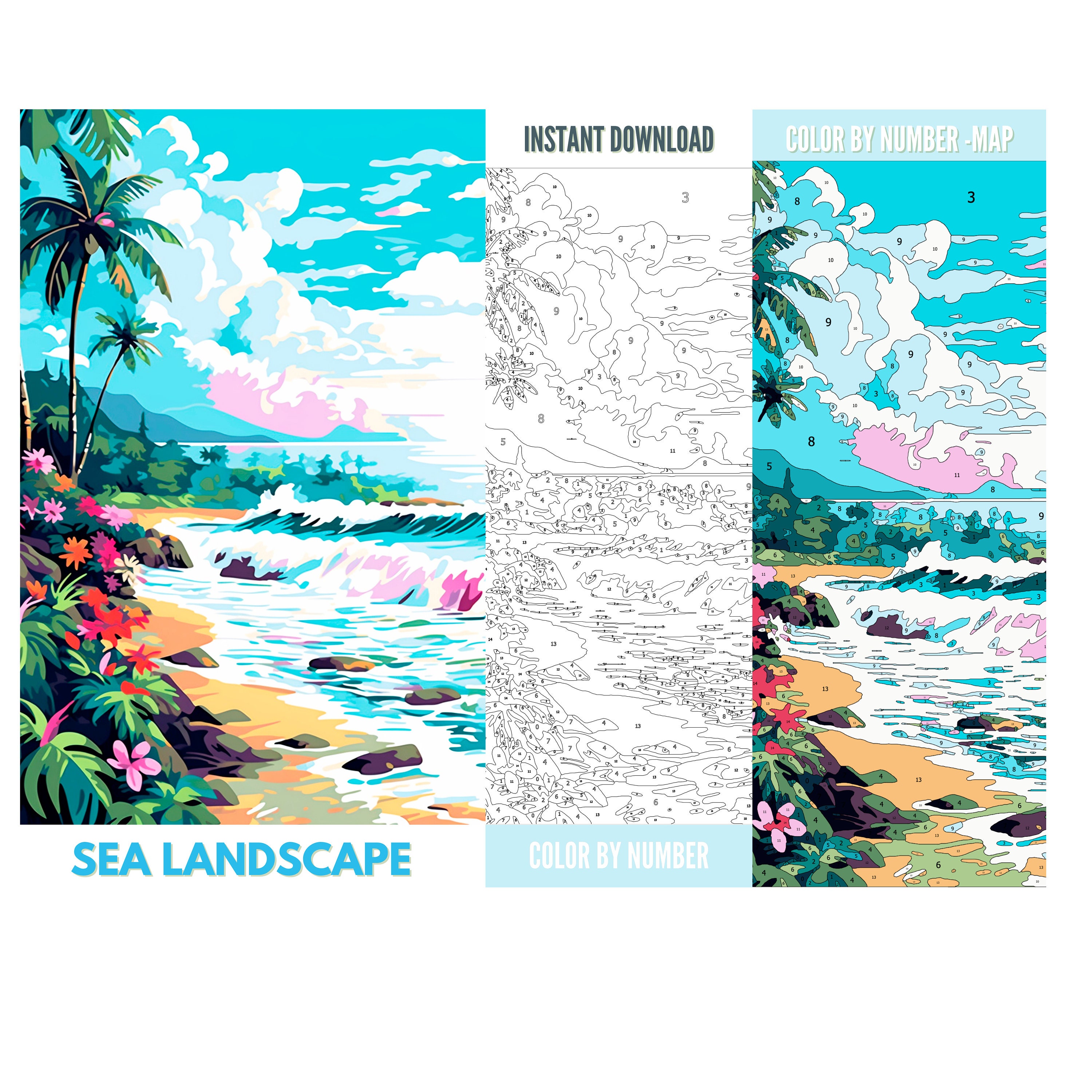 Color by Number for Adult, Paint by Number Printable,5 Sea Landscape ...