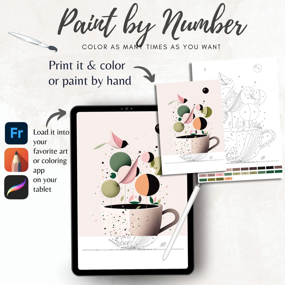 Color by Number Printable, Paint by Number DIY, Modern Abstract Cup of ...