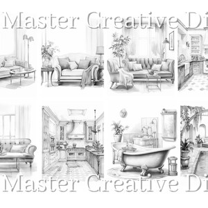 35 Boho Interior Design Coloring Pages for Adults, Grayscale Coloring ...
