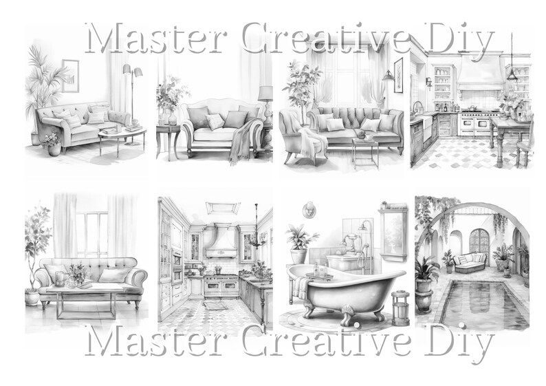 35 Boho Interior Design Coloring Pages for Adults, Grayscale Coloring ...