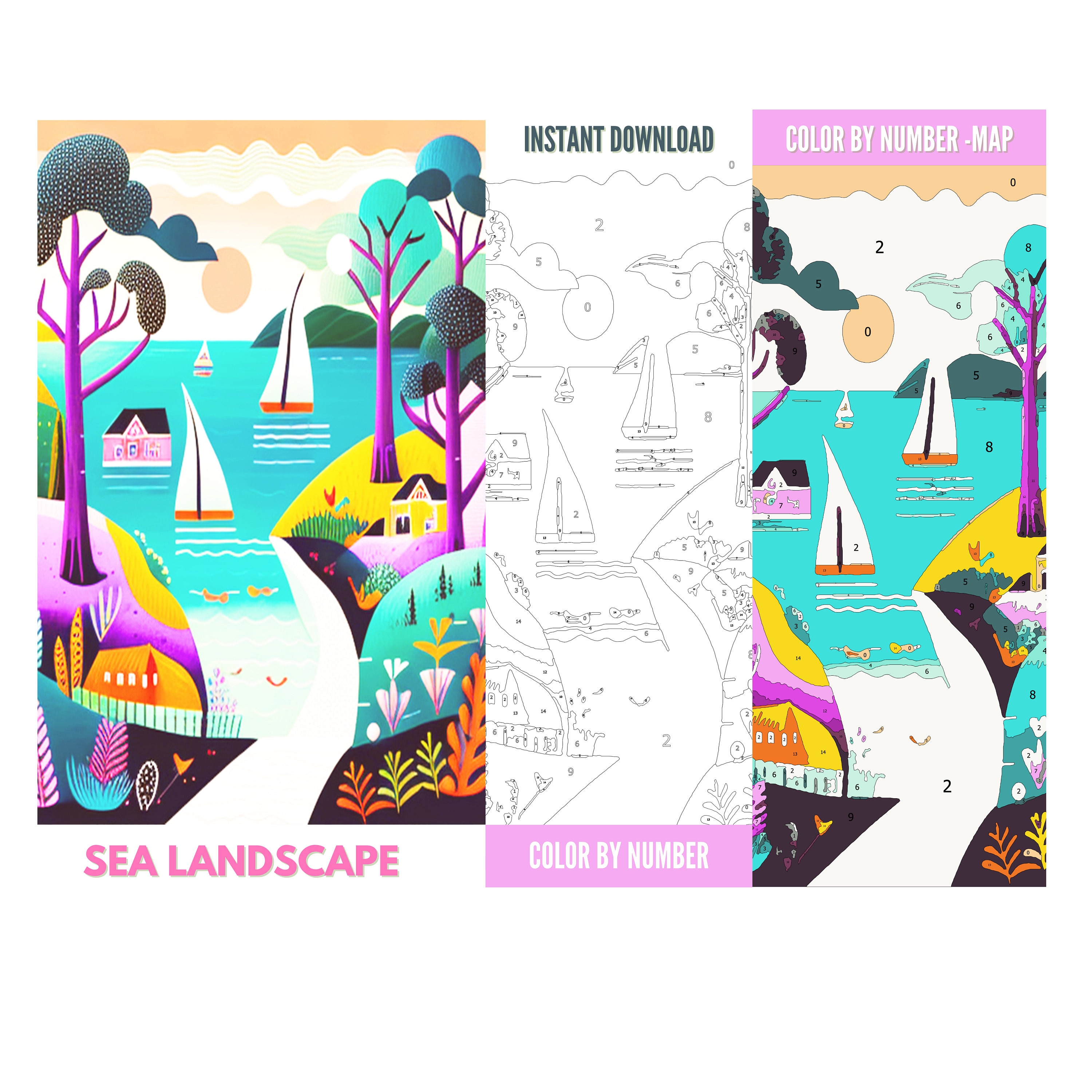 Color by Number for Adult,paint by Number Printable,5 Sea Landscape ...