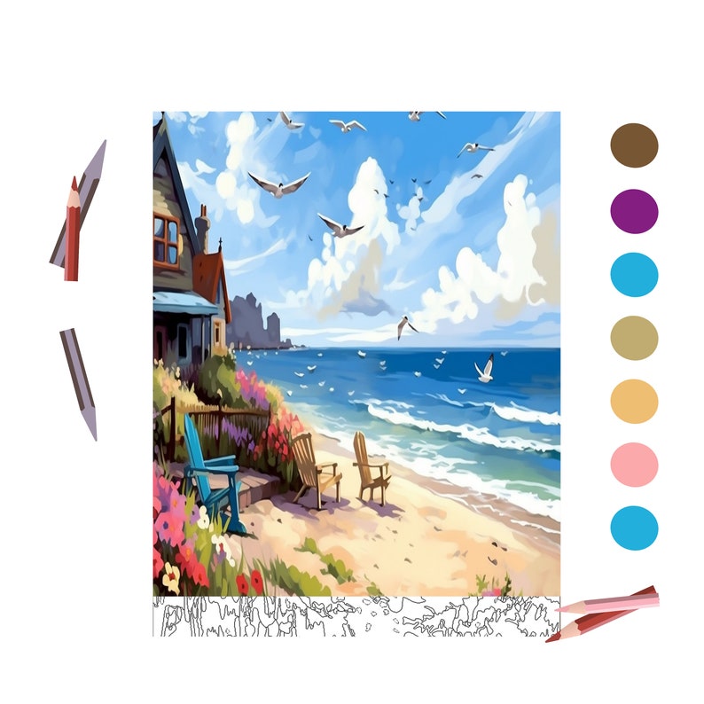 Beach Landscape Coloring Pages for Adults, Grayscale Coloring Book ...