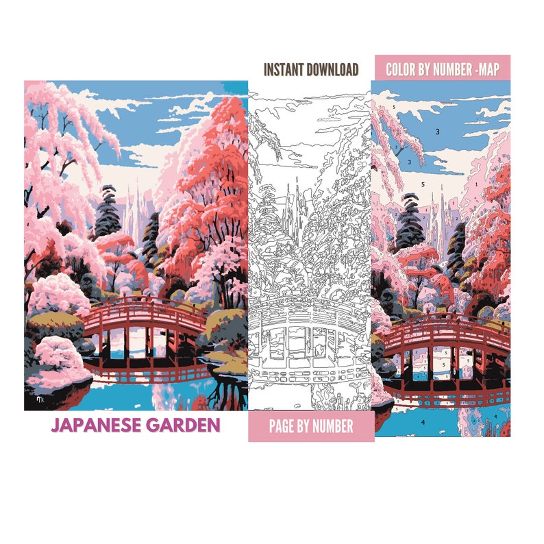 5 Japanese Landscape Color by Number for Adult Paint by - Etsy