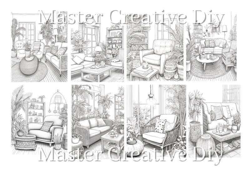 35 Boho Interior Design Coloring Pages for Adults,grayscale Coloring ...