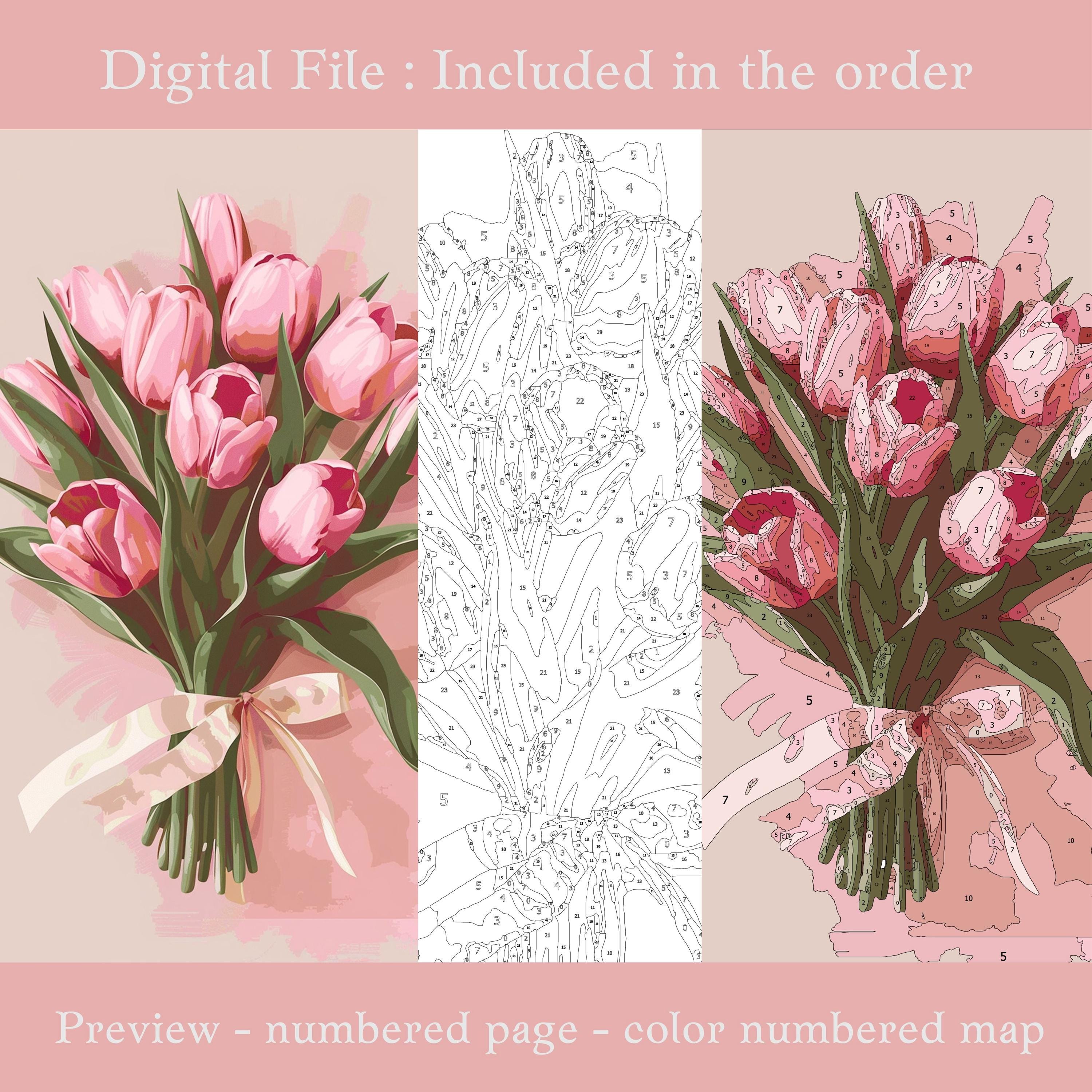 Color by Number Printable,paint by Number for Adult,pink Tulips Flower ...