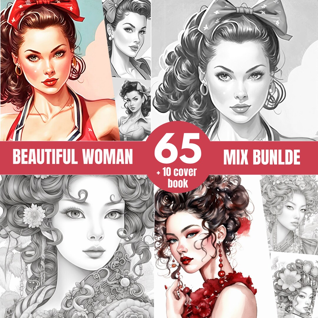 65 Bundle Beautiful Woman Coloring Book - Adults Coloring Pages ...