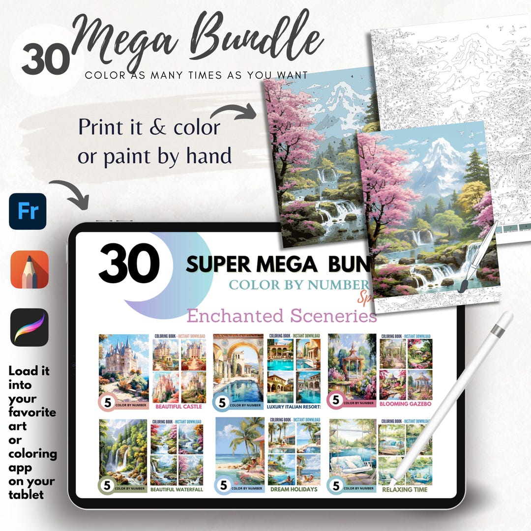 Bundle 30 Color by Number for Adult, Paint by Number Printable,coloring ...