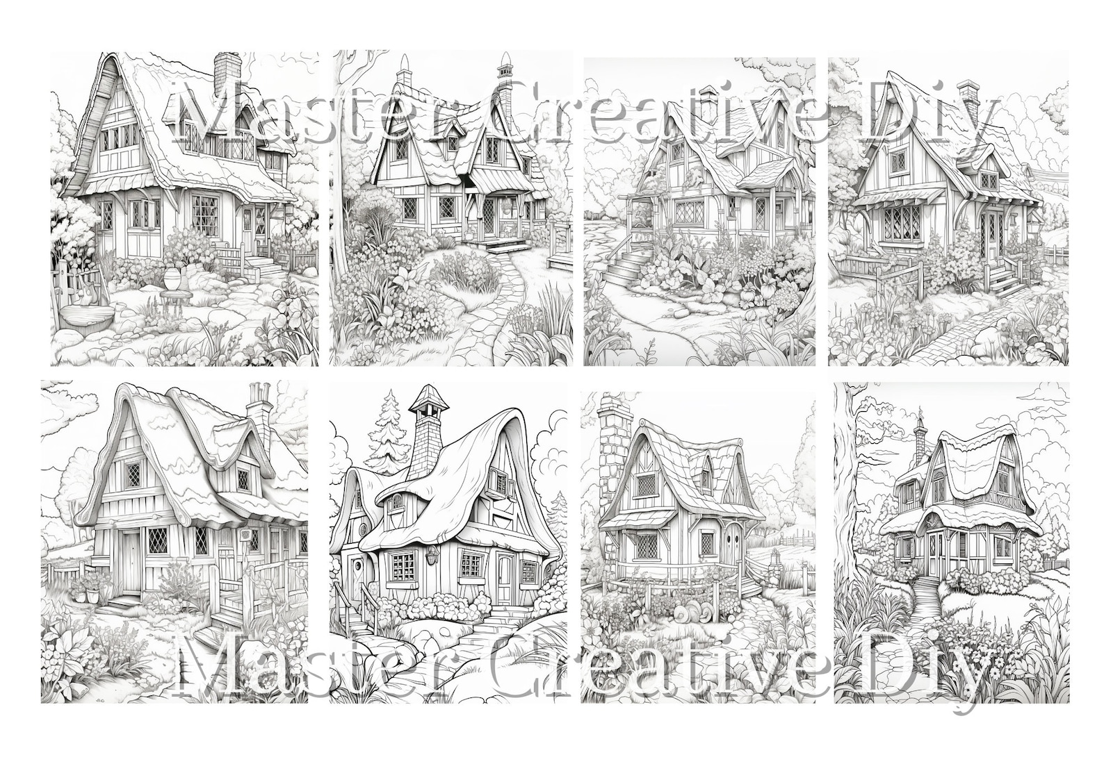 50 Beautiful Cottage Coloring Pages for Adults, Grayscale Coloring Book ...