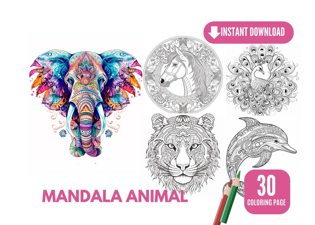 30 Mandala Animal Coloring Pages for Adults, Grayscale Coloring Book ...