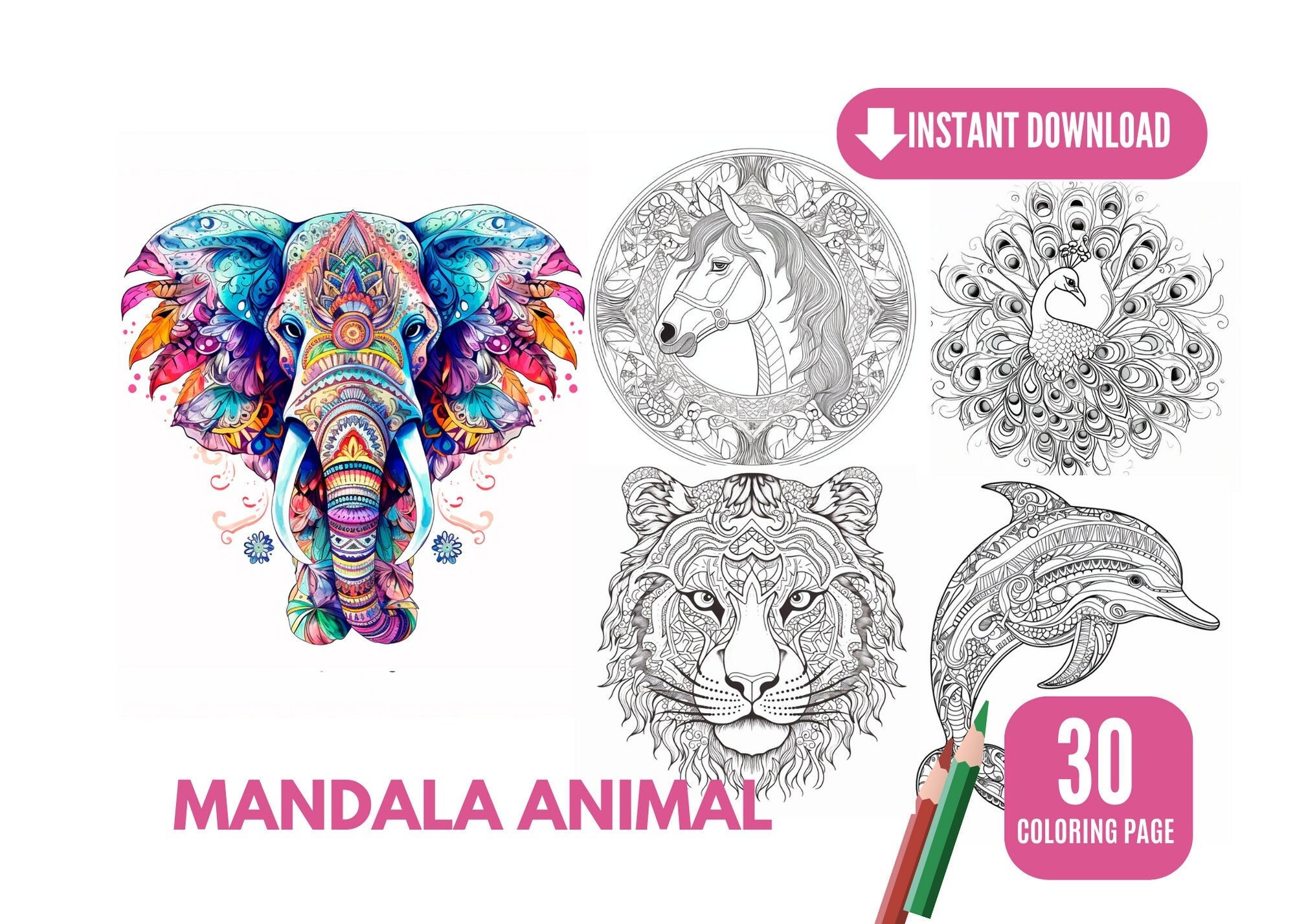 30 Mandala Animal Coloring Pages for Adults, Grayscale Coloring Book ...